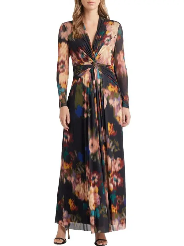 Anne Klein Floral Twist Front Long Sleeve Mesh Maxi Dress - Blurred Floating Flora