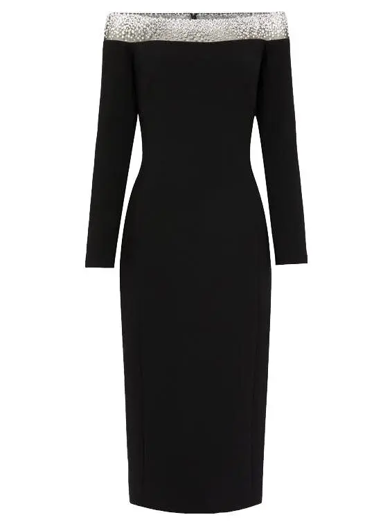 Jenny Packham Calypso Off-shoulder Embellished Crepe Dress - Liquorice