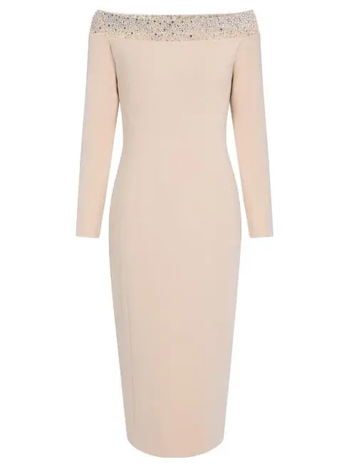 Jenny Packham Calypso Off-shoulder Embellished Crepe Dress - Moonstone