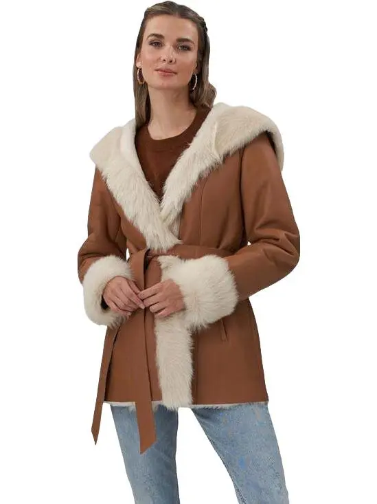 Gorski Genuine Shearling Hooded Jacket With Trim - Camel/white