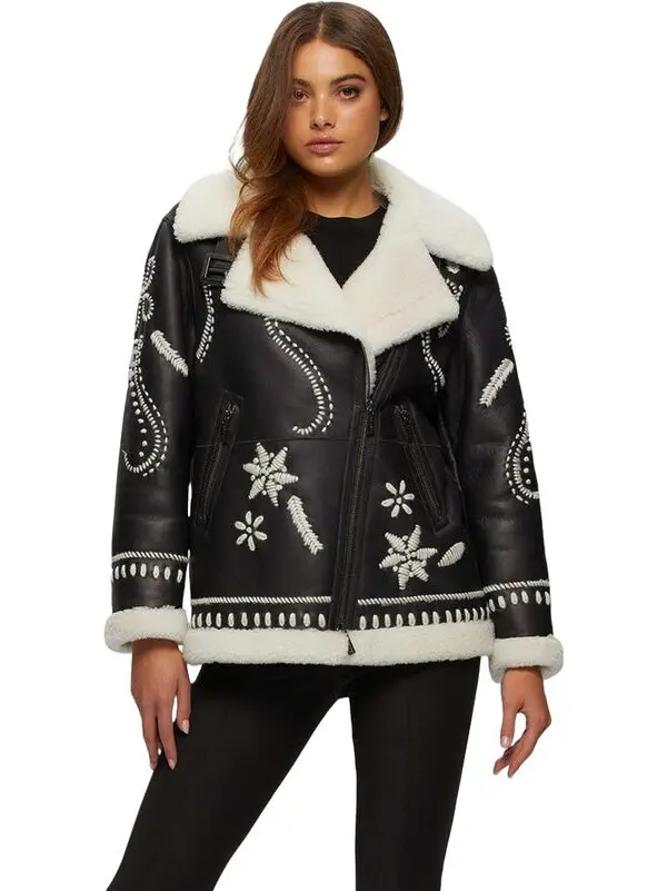 Gorski Genuine Shearling Zip Jacket With Embroidery - Black/white