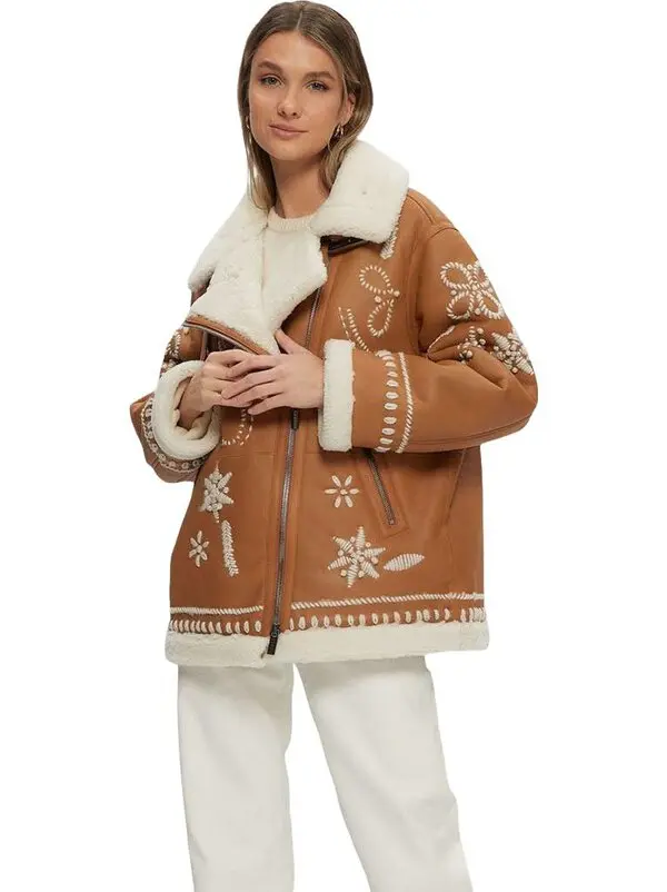 Gorski Genuine Shearling Zip Jacket With Embroidery - White/whiskey