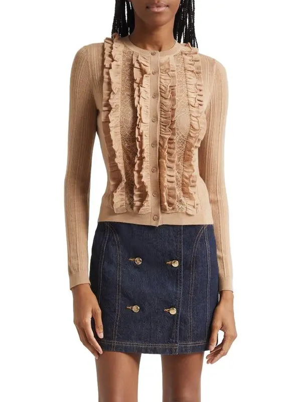 Ulla Johnson Maryel Ruffle & Lace Merino Wool Cardigan - Camel Melange