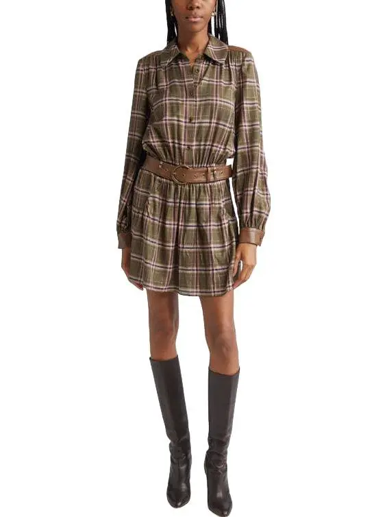 Ramy Brook Jim Belted Metallic Long Sleeve Dress - Deep Olive Plaid