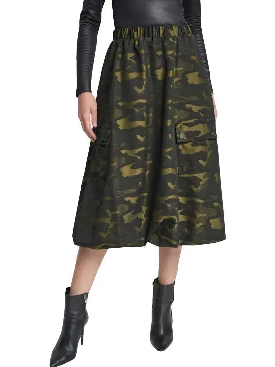 Dkny Camo Jacquard Bubble Hem Midi Skirt - Dark Olive