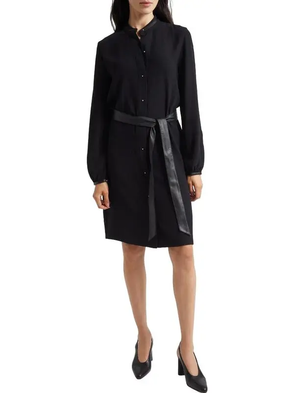 Vince Faux Leather Trim Long Sleeve Shirt Dress - Black