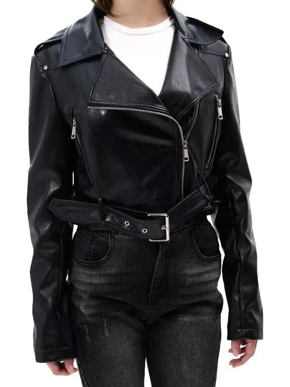 AZALEA WANG Faux Leather Crop Moto Jacket With Attached Belt - Black