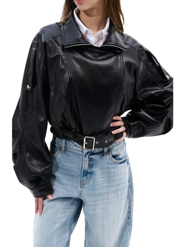 AZALEA WANG Faux Leather Moto Jacket - Black