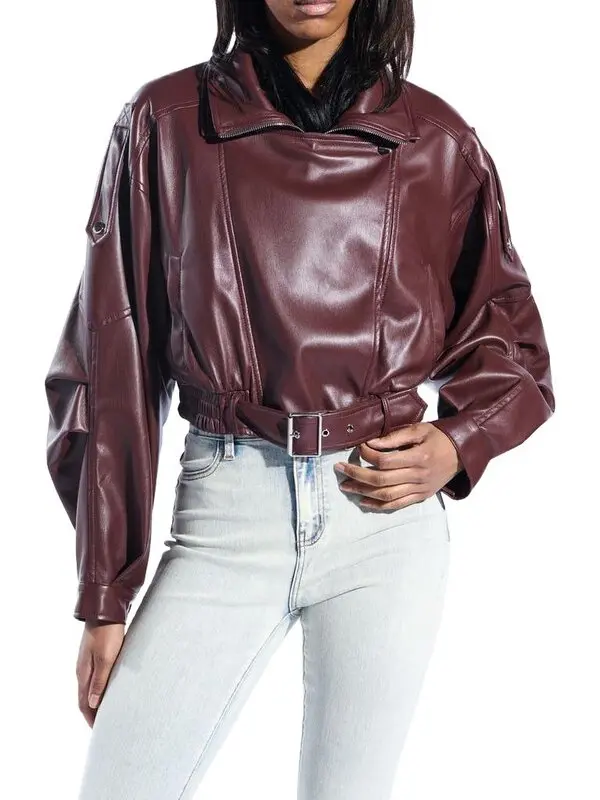 AZALEA WANG Faux Leather Moto Jacket - Burgundy