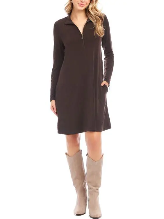 Karen Kane Half Zip Long Sleeve A-line Dress - Brown