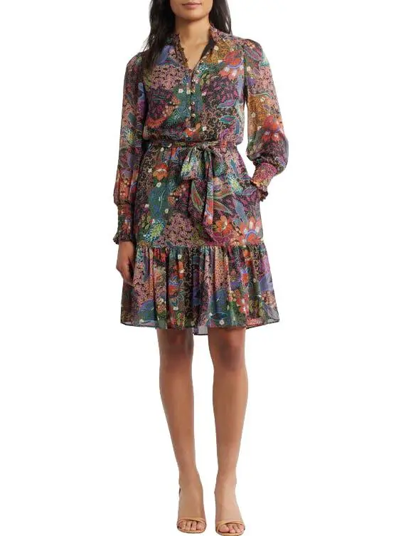 Vince Camuto Floral Long Sleeve Fit & Flare Dress - Multi Orange