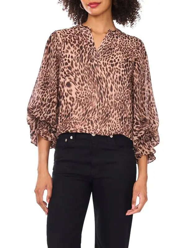 Vince Camuto Printed Ruffle Cuff Top - Rich Taupe