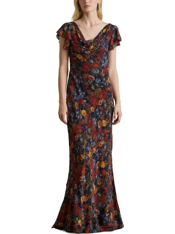 Ralph Lauren Floral Clipped Jacquard Cowl Neck Gown - Navy Multi
