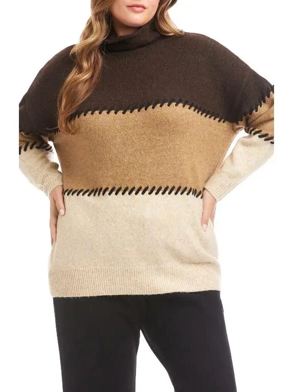 Karen Kane Color Blocked Whipstitch Turtleneck Sweater - Multi