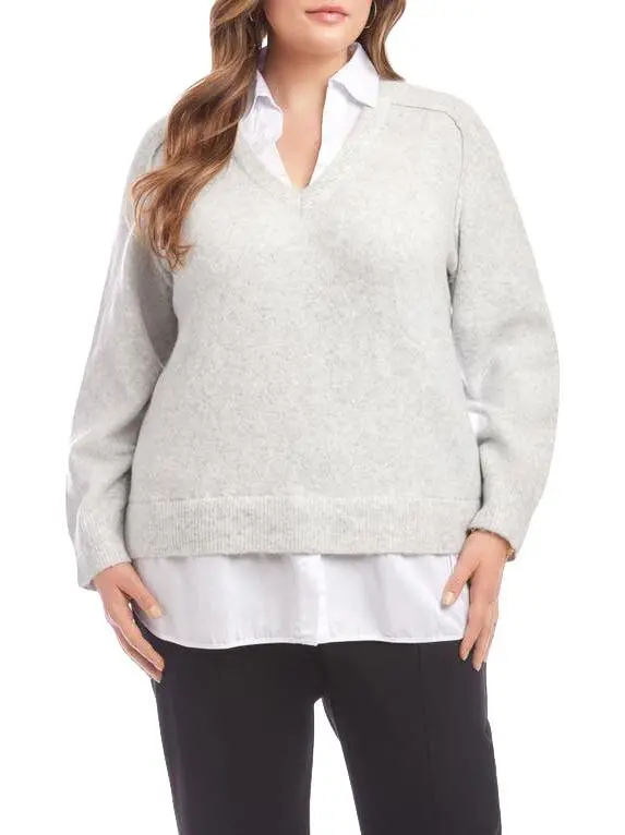 Karen Kane Layered V-neck Sweater - Light Heather Gray