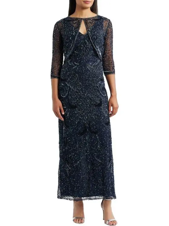 Pisarro Nights Beaded Sequin Embellished Mesh Column Gown With Jacket - Navy