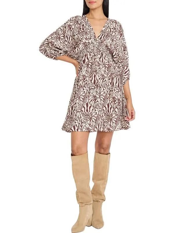 THE GOOD JOURNEY Printed Empire Waist Mini Dress - Cream/brown