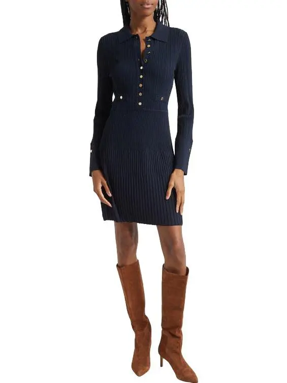 Veronica Beard Lauper Variegated Rib Long Sleeve Sweater Dress - Navy