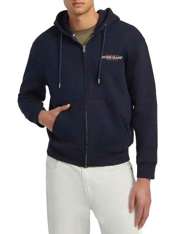 Guess Regular Fit Embroidered Logo Zip Hoodie - Navy