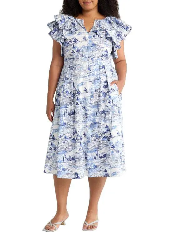 SUGARLIPS Printed Cotton Midi Dress - White/blue