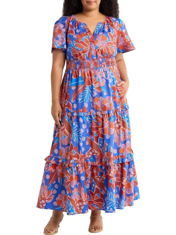 SUGARLIPS Amazonia Floral Tiere Cotton Maxi Dress - Blue/burgundy