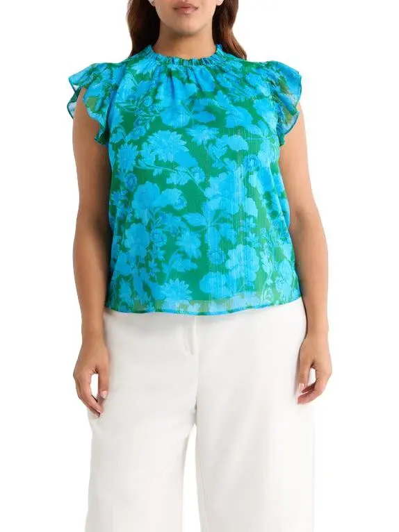 SUGARLIPS Metallic Floral Print Ruffle Top - Green/cerulean Blue