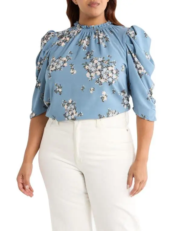 SUGARLIPS Floral Print Puff Sleeve Top - Blue/multi