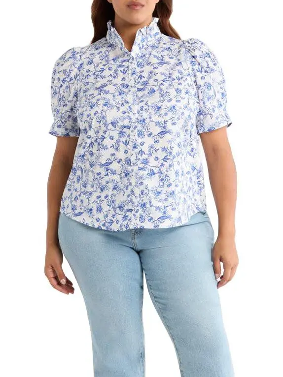 SUGARLIPS Floral Print Cotton Top - White/blue/multi