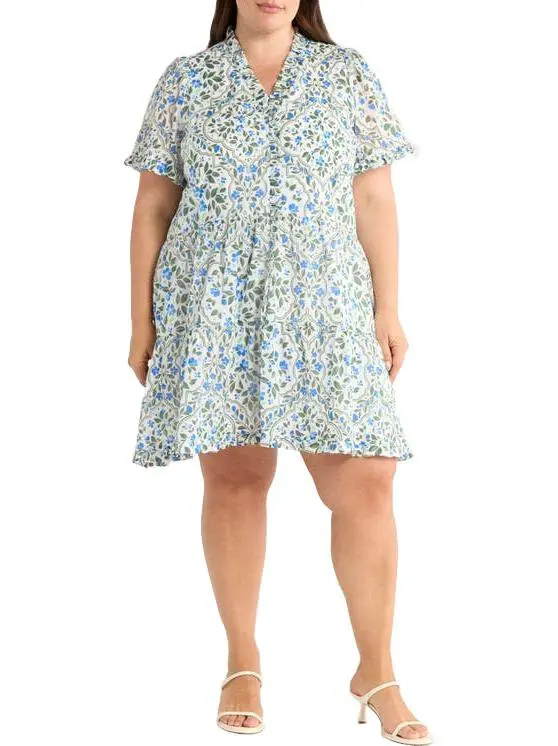 SUGARLIPS Floral Print Cotton Shift Dress - White/blue/green
