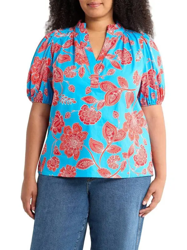 SUGARLIPS Floral Poplin Top - Blue/red/multi