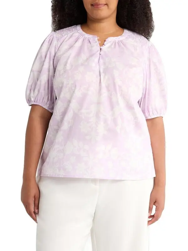 SUGARLIPS Emme Floral Print Smocked Top - Lavender Purple/white