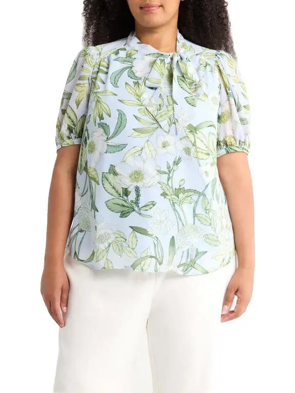 SUGARLIPS Serenade Floral Tie-neck Top - Blue/white/greens