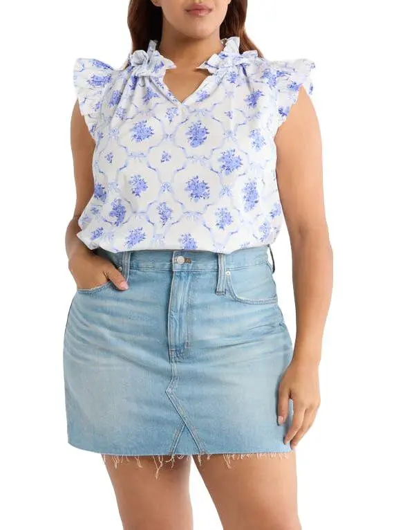 SUGARLIPS Nia Floral Ruffle Top - White/blue
