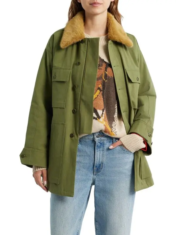 The Great. Quilted Liner Military Jacket With Faux Fur Collar - Army/hot Orange