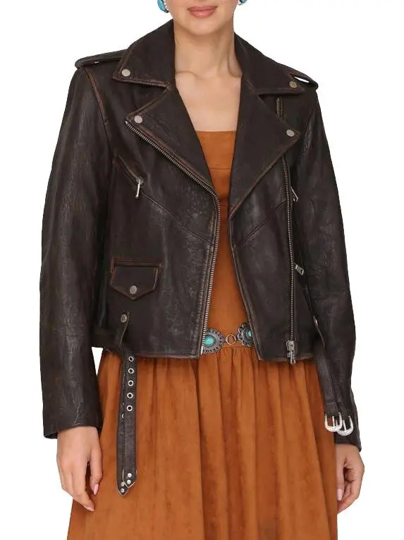 Avec Les Filles Relaxed Leather Moto Jacket - Cognac