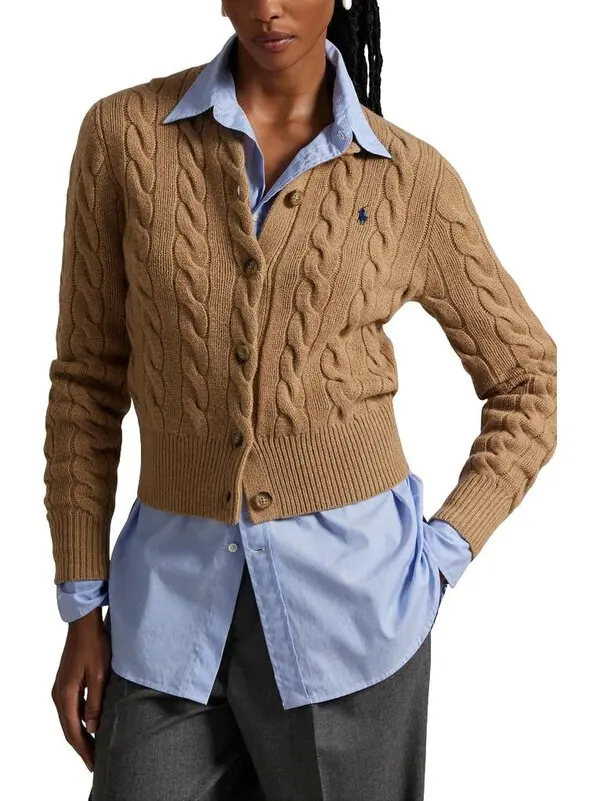 Polo Ralph Lauren Cable Knit Wool And Cashmere Cardigan - Collection Camel Melange