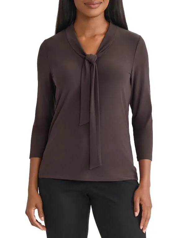 KASPER Tie Neck Top - Rich Chocolate