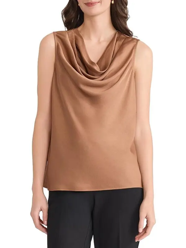 KASPER Cowl Neck Satin Top - Dark Camel