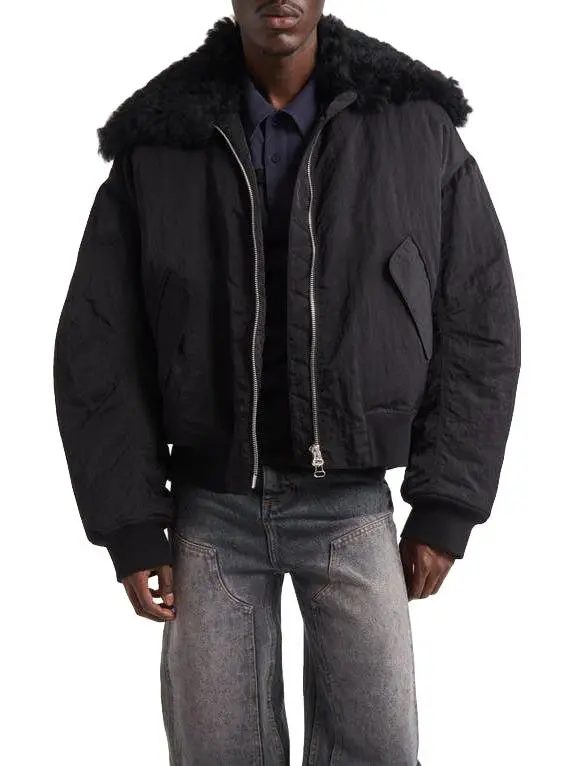 Eckhaus Latta Nylon Bomber Jacket With Genuine Shearling Collar - Asphalt