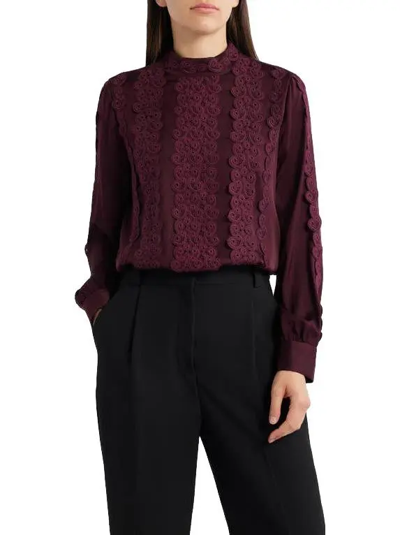 Elie Tahari Indie Lace Stretch Silk Top - Bordeaux