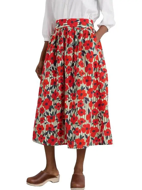 SEASALT CORNWALL Mevagissey Organic Cotton Midi Skirt - Stripey Floral Moss