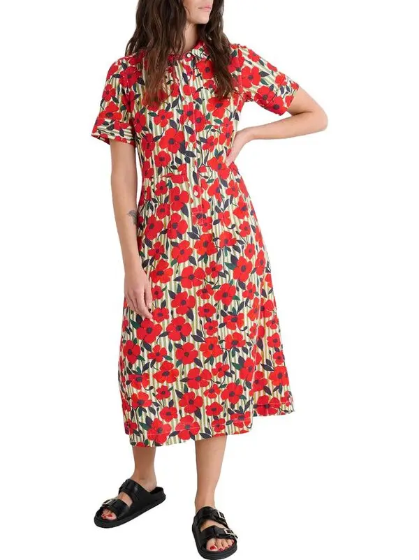 SEASALT CORNWALL Birch Glade Floral Organic Cotton Midi Shirtdress - Stripey Floral Moss