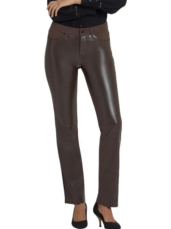 NYDJ Marilyn Straight Leg Mixed Media Faux Leather Pants - Coffee Bean
