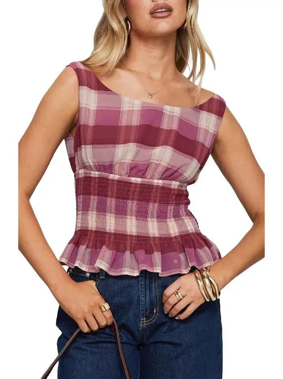 Princess Polly Plaid Smocked Waist Peplum Top - Pink Check