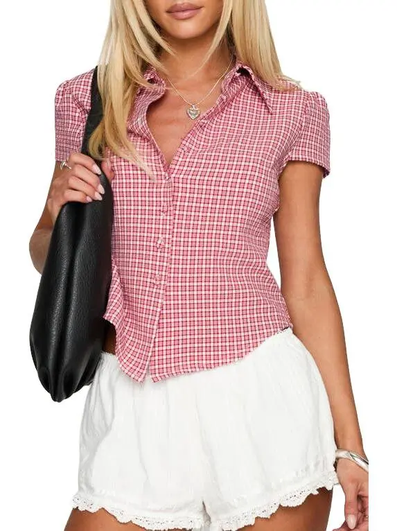 Princess Polly Plaid Button-up Crop Shirt - Red Check