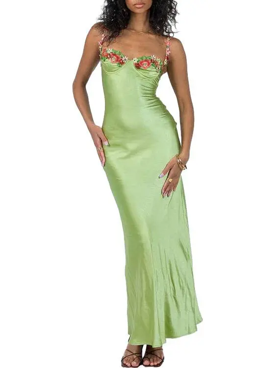 Princess Polly Floral Embroidered Satin Maxi Dress - Green