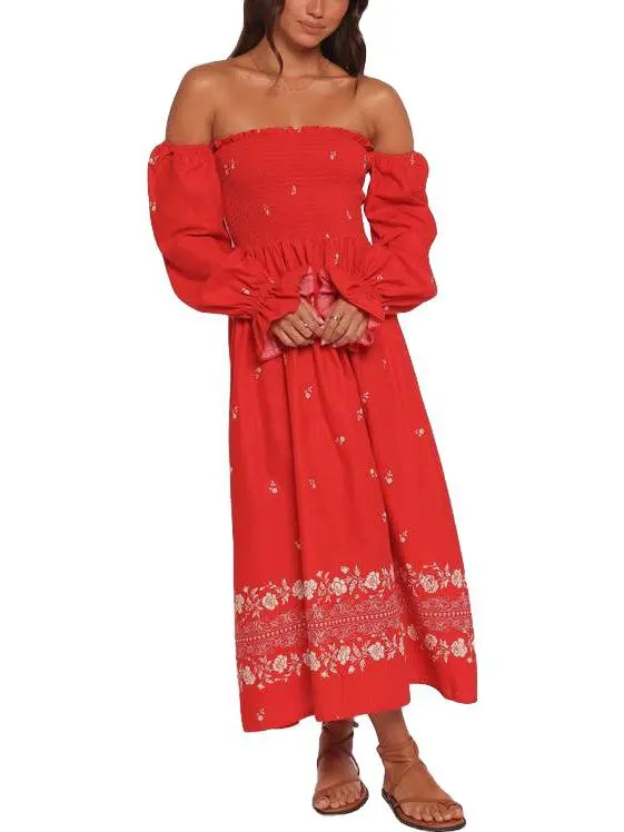 PETAL & PUP Smocked Off-the-shoulder Linen & Cotton Midi Dress - Red Floral Bandana