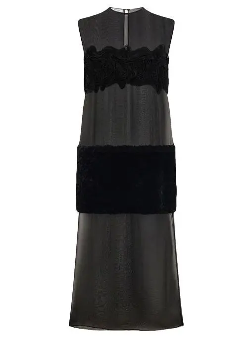 FERRAGAMO Shift Dress With Lace And Shearling Inlay - Black