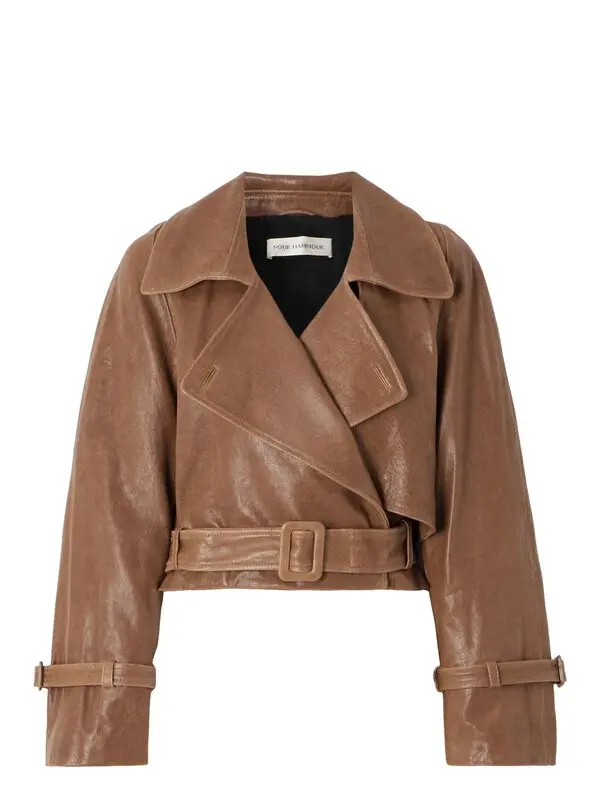 Nour Hammour Hatti Cropped Belted Leather Jacket - Brown