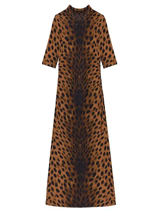 RO&ZO Leopard-print High-neck Jersey Maxi Dress - Brown